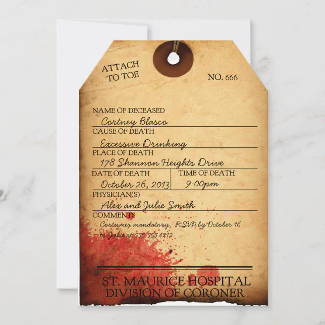 ANTIQUE BLOODY TOE TAG HALLOWEEN INVITATION | Zazzle