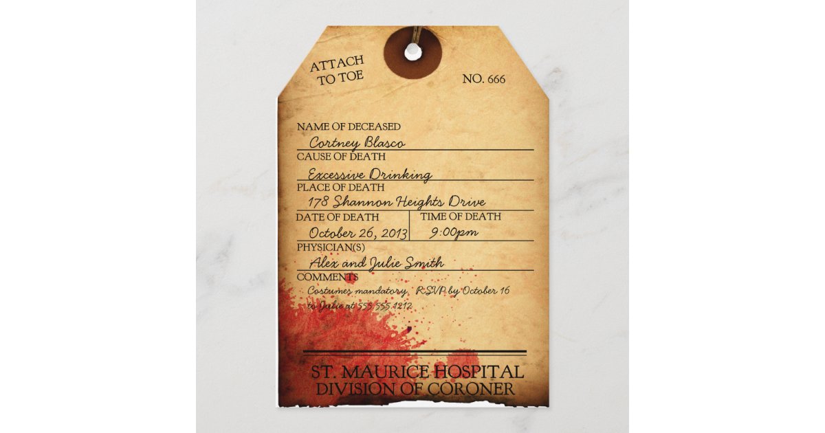 ANTIQUE BLOODY TOE TAG HALLOWEEN INVITATION | Zazzle.com