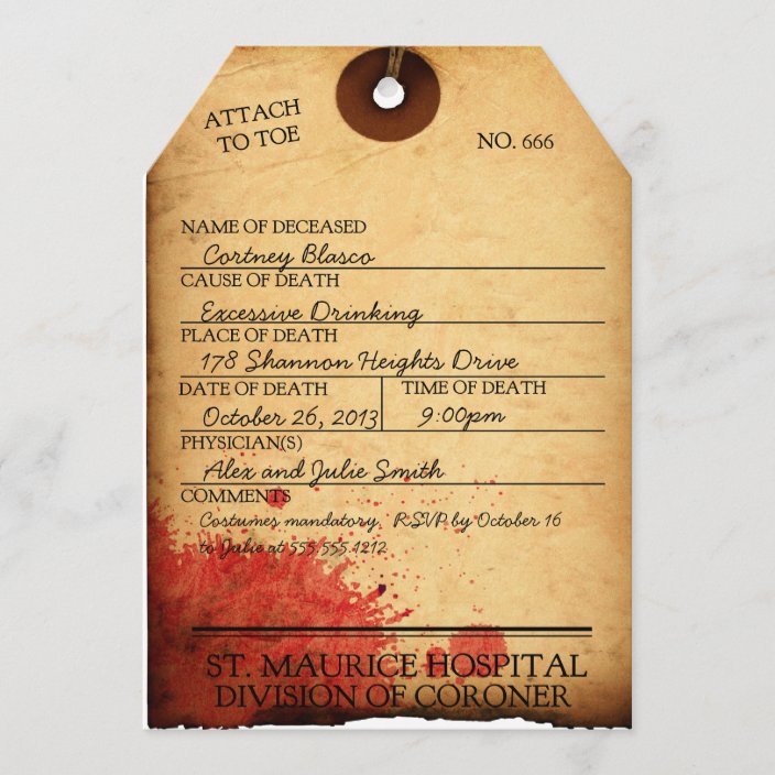ANTIQUE BLOODY TOE TAG HALLOWEEN INVITATION | Zazzle.com
