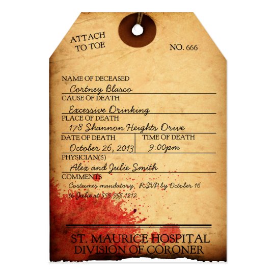 ANTIQUE BLOODY TOE TAG HALLOWEEN INVITATION | Zazzle.com