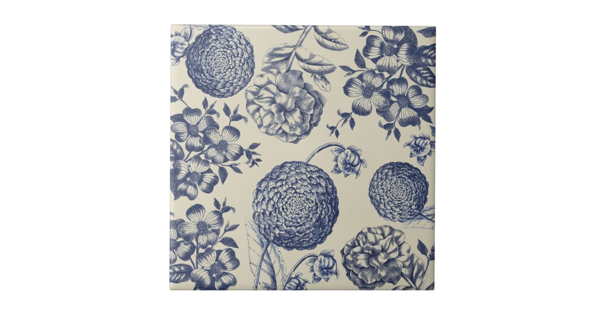Antique Blue Flower Print Floral Ceramic Tile | Zazzle