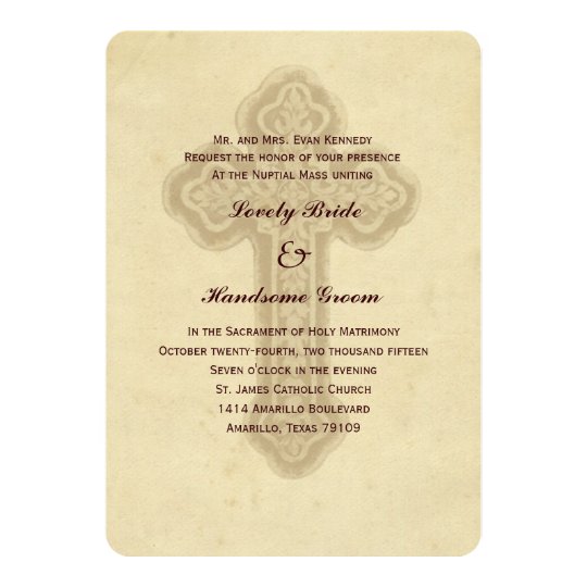 Antique Brown Cross Catholic Wedding Invitation | Zazzle.com