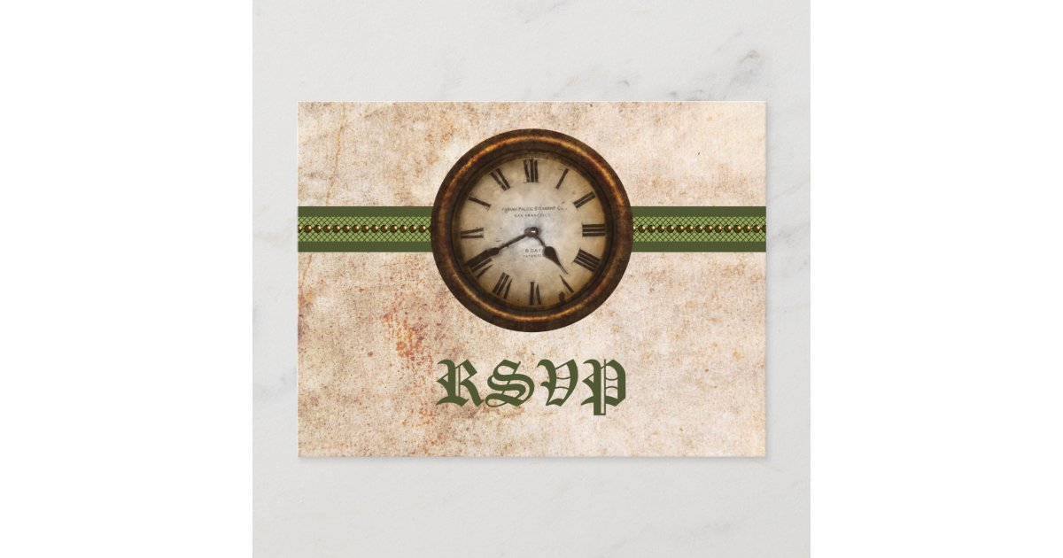 Antique Clock RSVP Postcard, Green Invitation Postcard | Zazzle