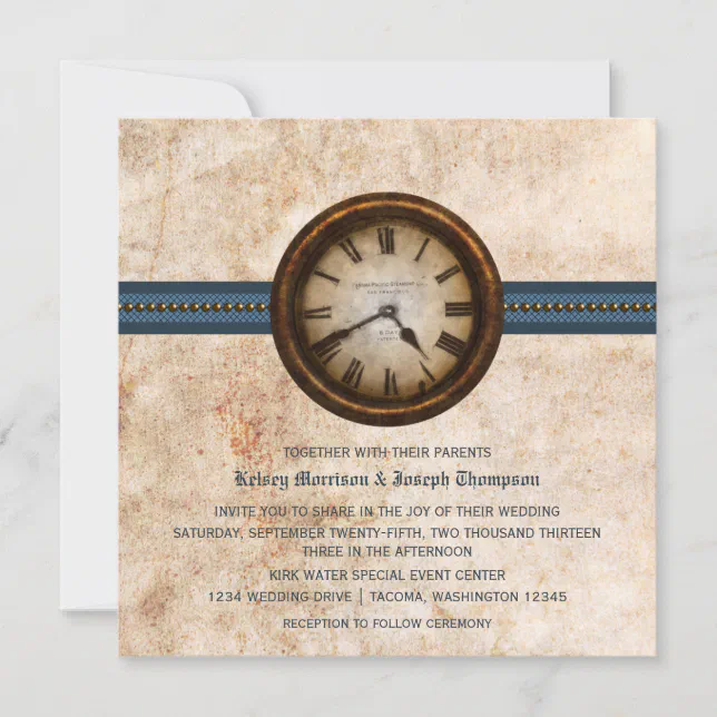 Antique Clock Wedding Invitation, Blue Invitation | Zazzle