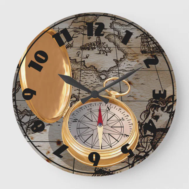 Antique Compass On A Map Clock | Zazzle