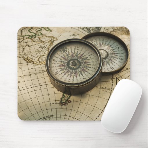 Antique compass on map mouse pad | Zazzle