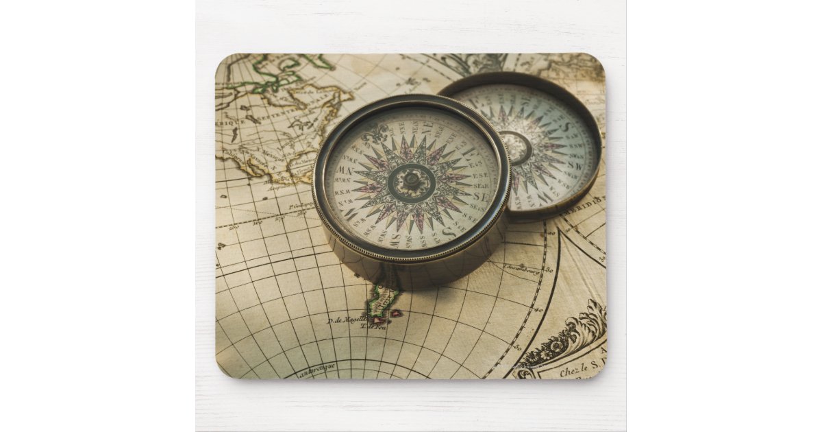 Antique compass on map mouse pad | Zazzle