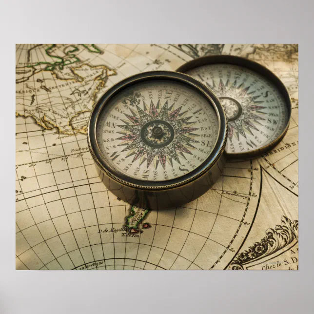 Antique compass on map poster | Zazzle