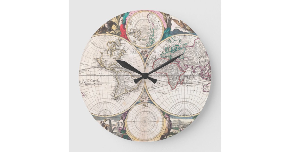 Antique Double-Hemisphere World Map Large Clock | Zazzle