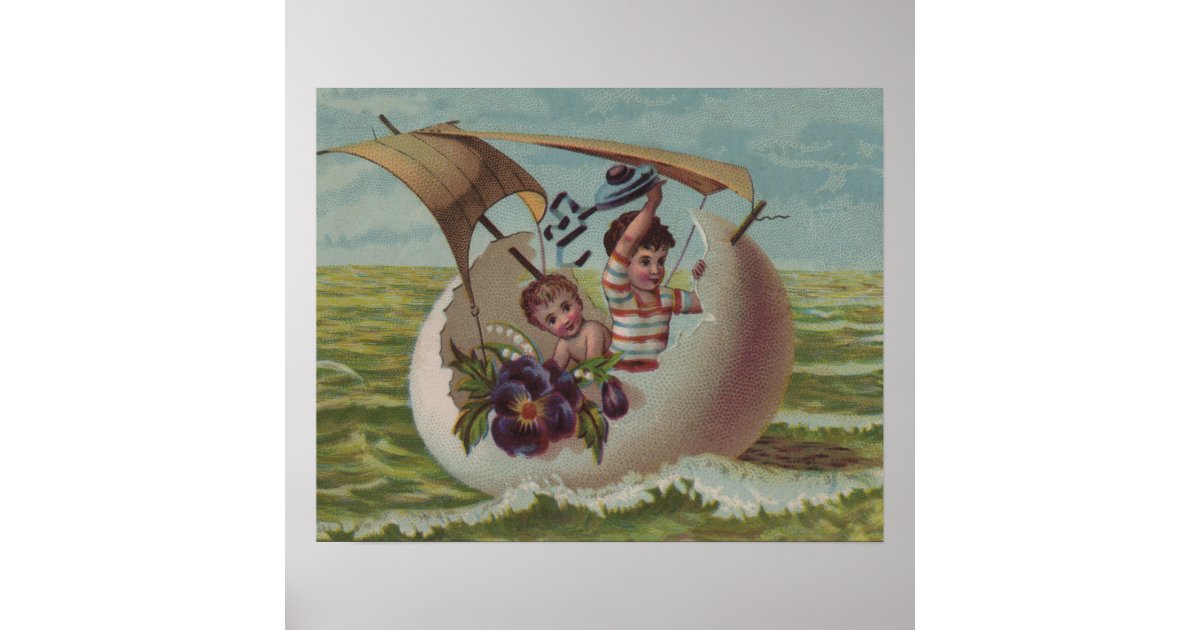 Antique Easter Card Sailing Egg Children Poster | Zazzle