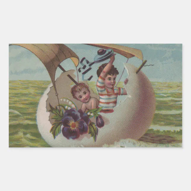 Antique Easter Card Sailing Egg Children Rectangular Sticker | Zazzle