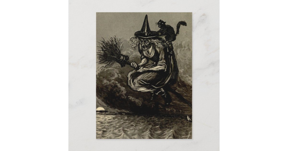 Antique Engraving Witch on Broom Postcard | Zazzle