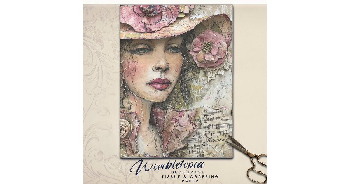 Antique Floral Collage Female Portrait Decoupage Tissue Paper | Zazzle