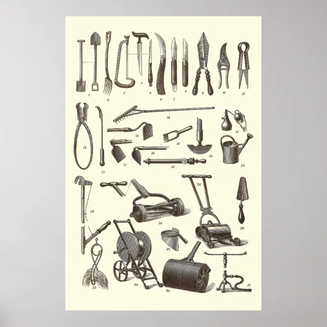 Antique Garden Tools from Old Dictionary Poster | Zazzle