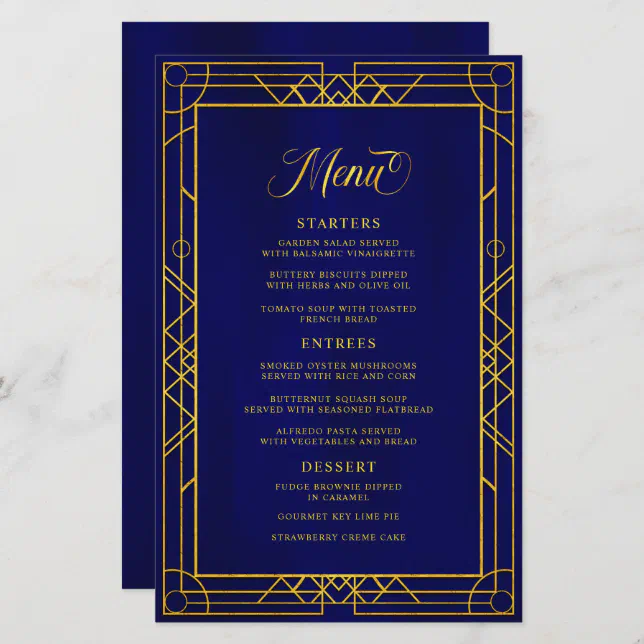 Antique Geometric Gold Frame Royal Blue Menu | Zazzle