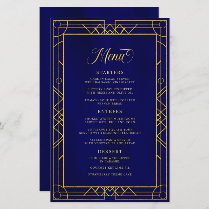 Antique Geometric Gold Frame Royal Blue Menu | Zazzle
