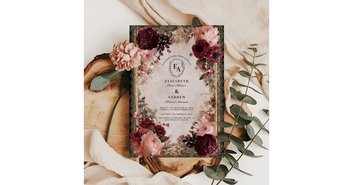 Antique Gold Frame with Deep Red Blooms Invitation | Zazzle