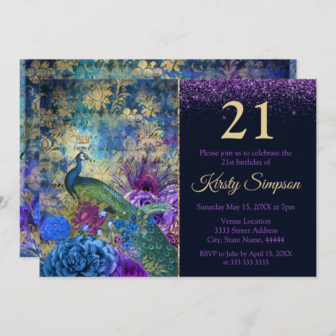 Antique Illustrated Peacock And Flowers Birthday Invitation Zazzle