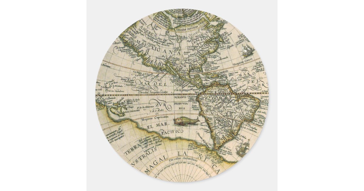 Antique Map, 1596, America Sive Novus Orbis Classic Round Sticker | Zazzle