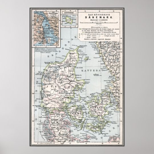 Antique Map of Denmark, Danmark in Danish, 1905 Poster | Zazzle.com