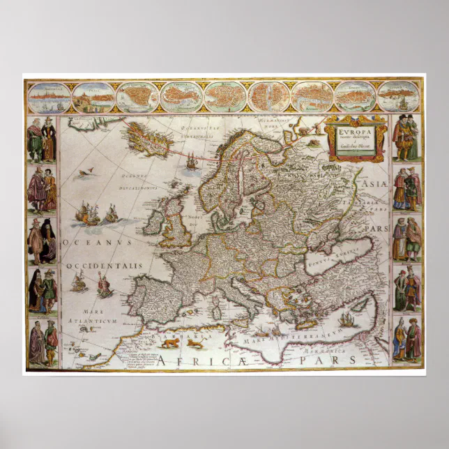 Antique Map of Europe by Willem Jansz Blaeu, c1617 Poster | Zazzle