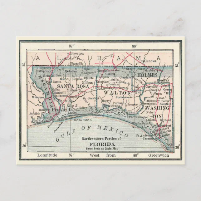 Antique map of Florida Panhandle area Postcard | Zazzle