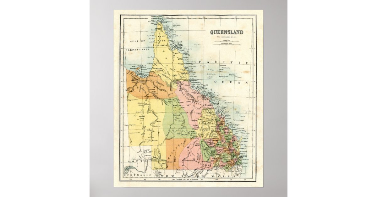 Antique map of Queensland Australia Poster | Zazzle