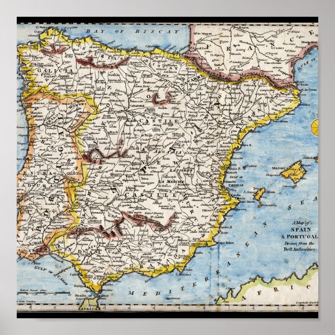 Antique Map of Spain & Portugal circa 1700's Poster | Zazzle