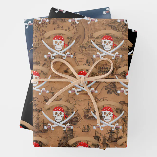 Antique map Pirate Jolly Roger birthday party Wrapping Paper Sheets ...