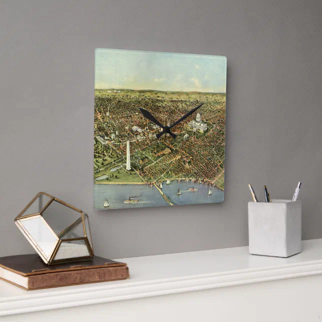 Antique Map with a Panoramic View of Washington DC Square Wall Clock ...