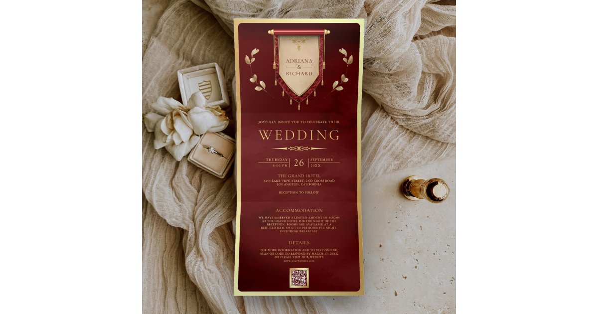Antique Maroon Red Gold Scroll Medieval Wedding Tri-Fold Invitation ...