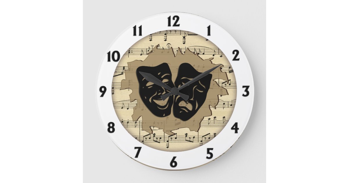 Antique Music and Theater Masks Large Clock | Zazzle