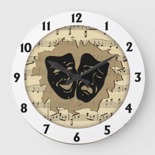 Antique Music and Theater Masks Large Clock | Zazzle