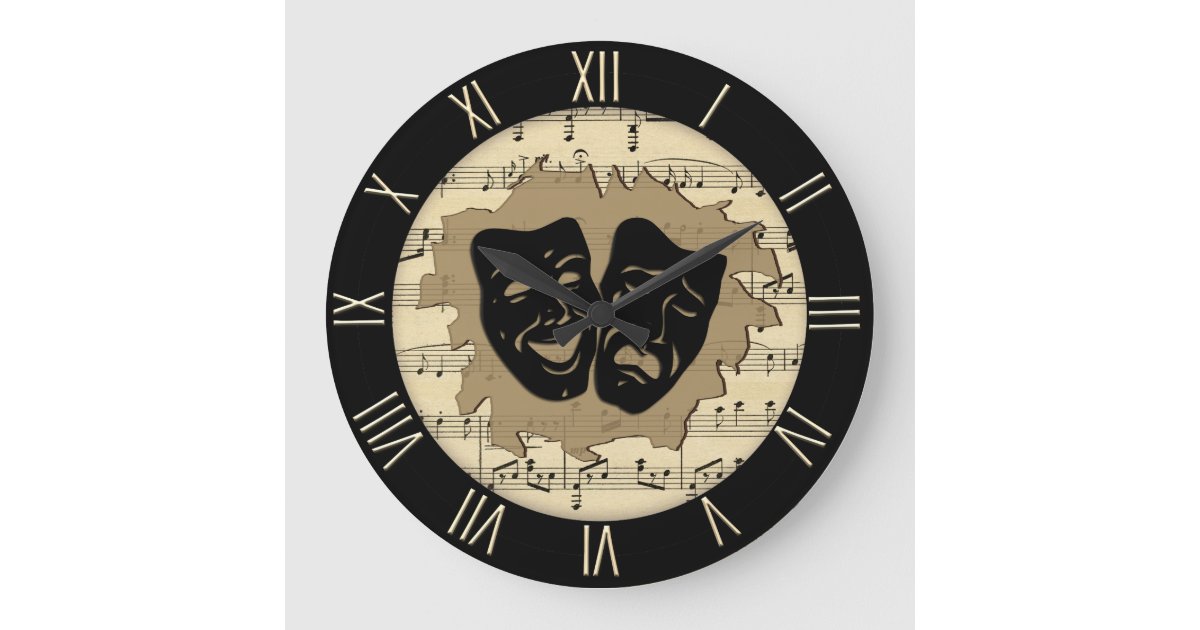 Antique Music and Theater Masks Roman Numerals Large Clock | Zazzle