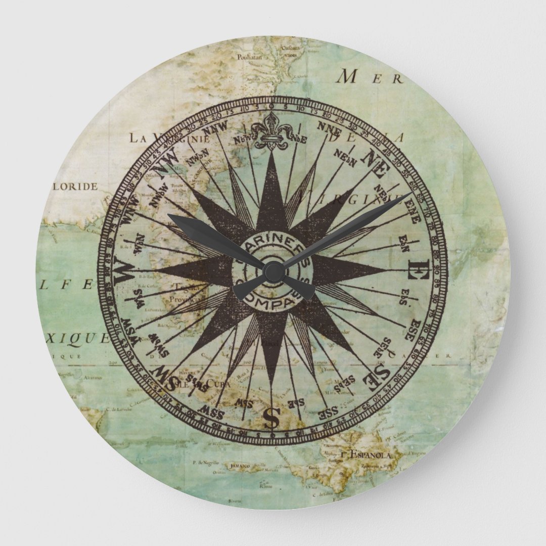 Antique Nautical Compass & Map Clock | Zazzle