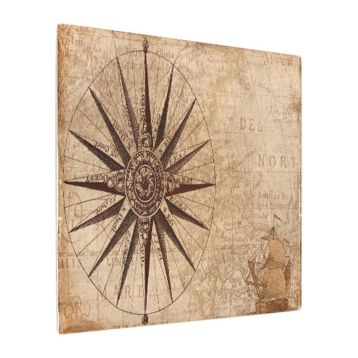 Antique nautical compass map metal print | Zazzle