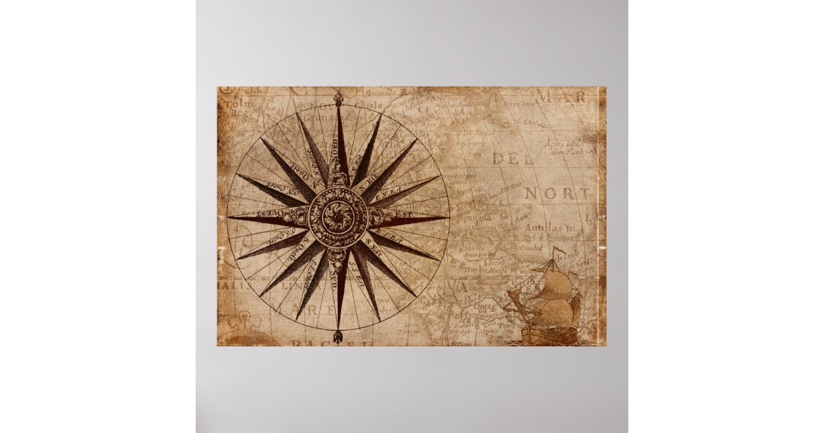 Antique nautical compass map poster | Zazzle