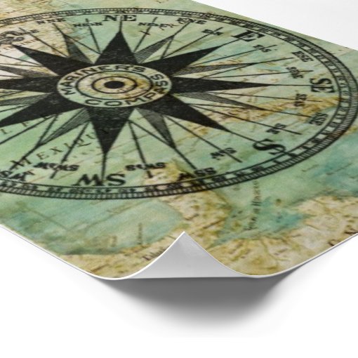 Antique Nautical Compass & Map Poster | Zazzle