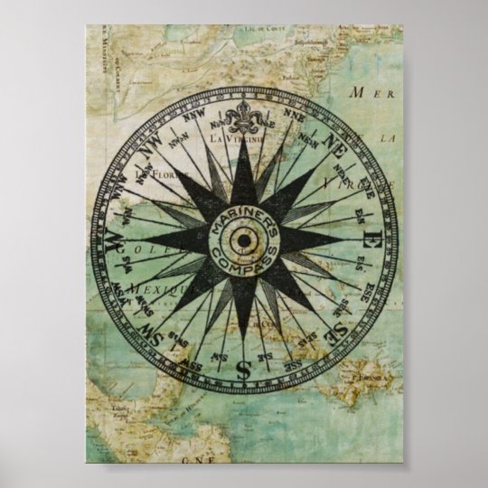 Antique Nautical Compass & Map Poster | Zazzle.com