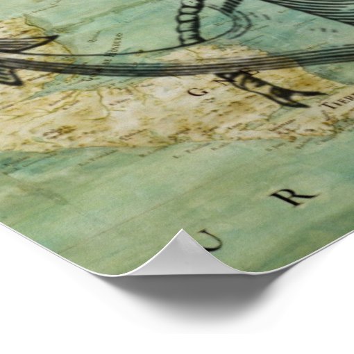 Antique Nautical Map & Anchor Poster | Zazzle