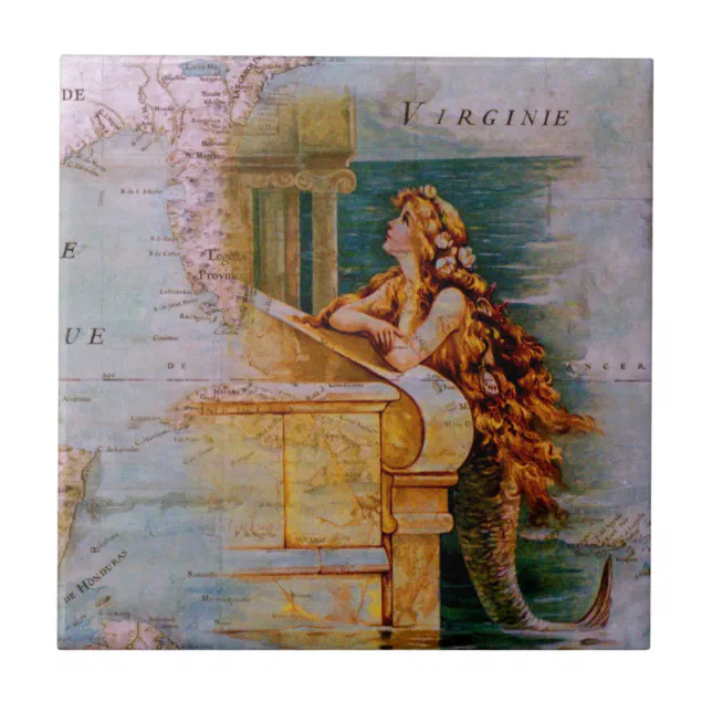 Antique Nautical Map & Mermaid Ceramic Tile | Zazzle