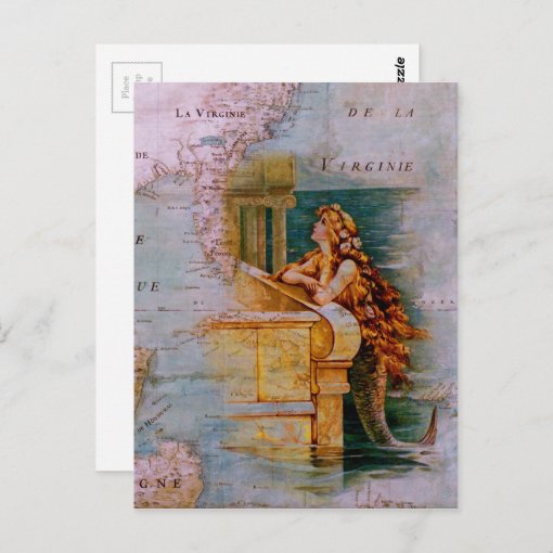 Antique Nautical Map & Mermaid Postcard | Zazzle