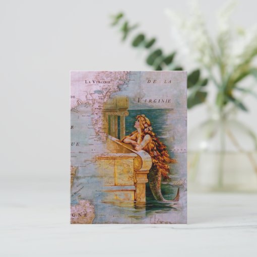 Antique Nautical Map & Mermaid Postcard | Zazzle