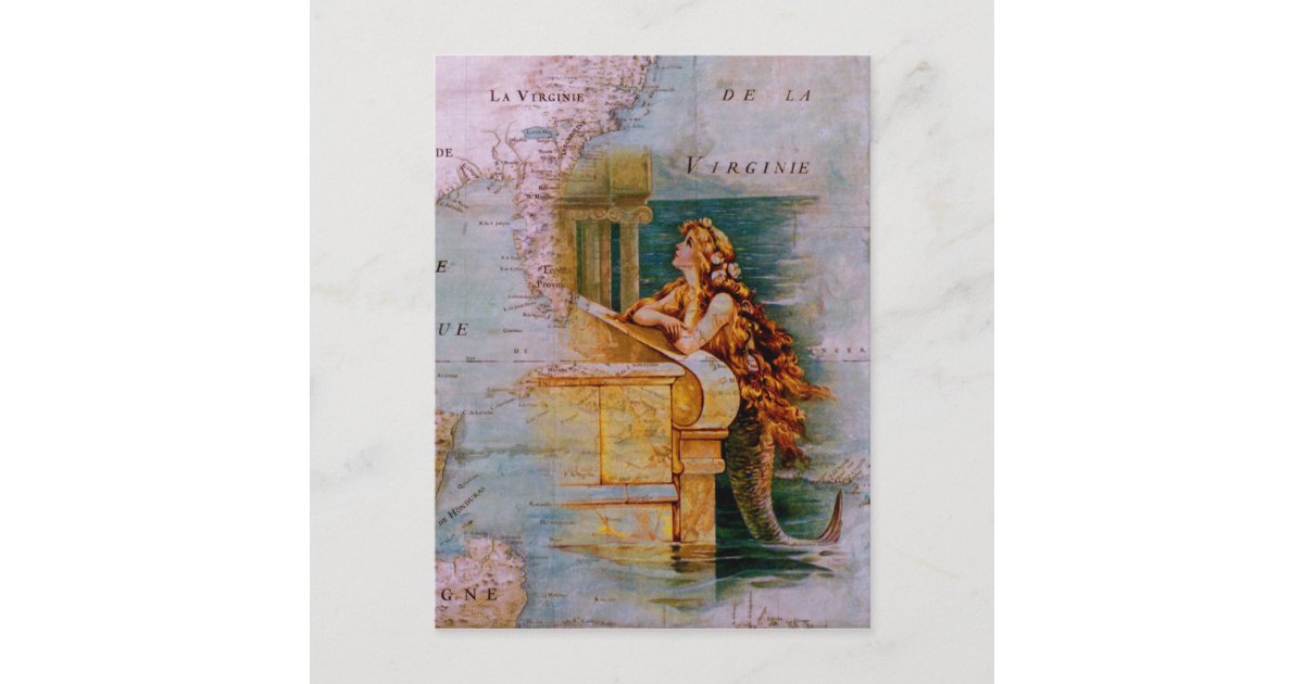 Antique Nautical Map & Mermaid Postcard | Zazzle
