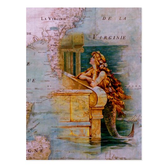 Antique Nautical Map & Mermaid Postcard | Zazzle.com