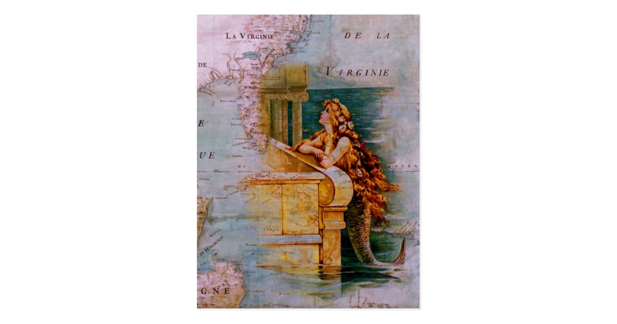 Antique Nautical Map & Mermaid Postcard | Zazzle.com
