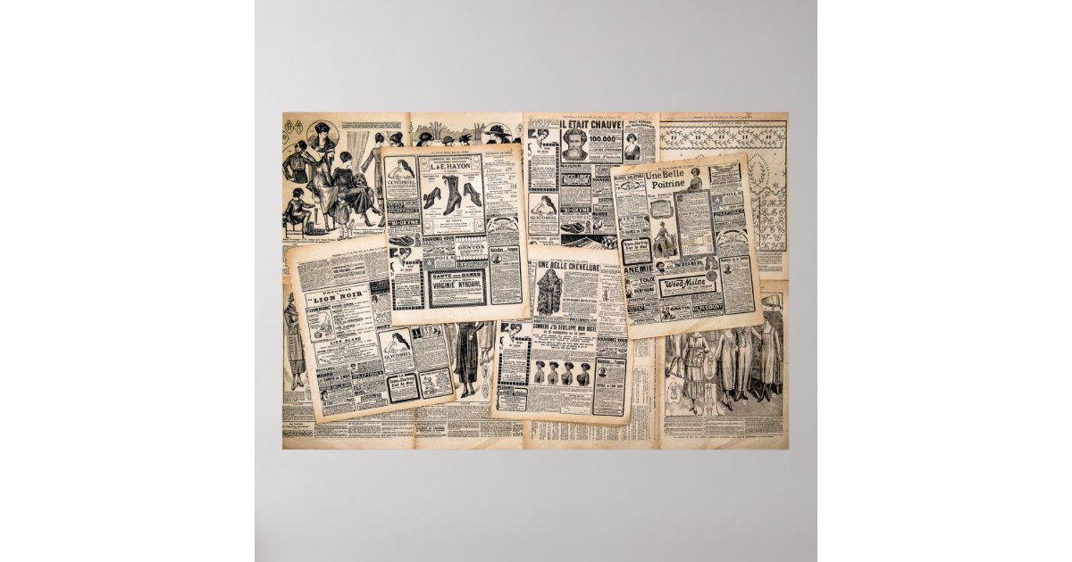 Antique Newspaper Advertisement Sheets Decoupage Poster | Zazzle