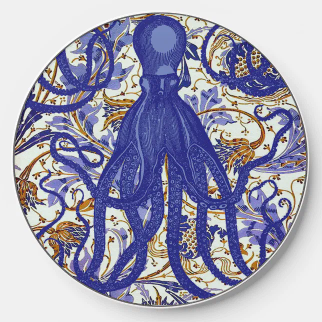 Antique Octopus on Blue Gold Floral Wireless Charger | Zazzle