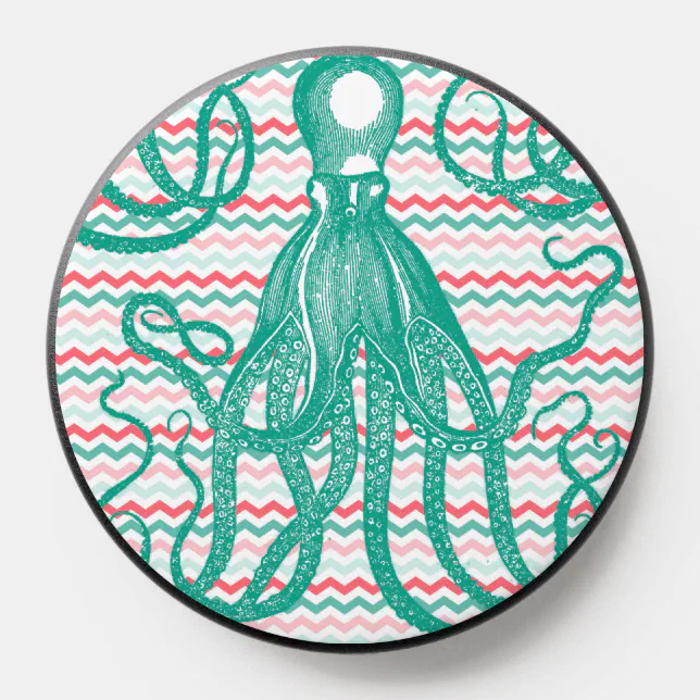 Antique Octopus on Coral and Aqua Chevrons PopSocket | Zazzle