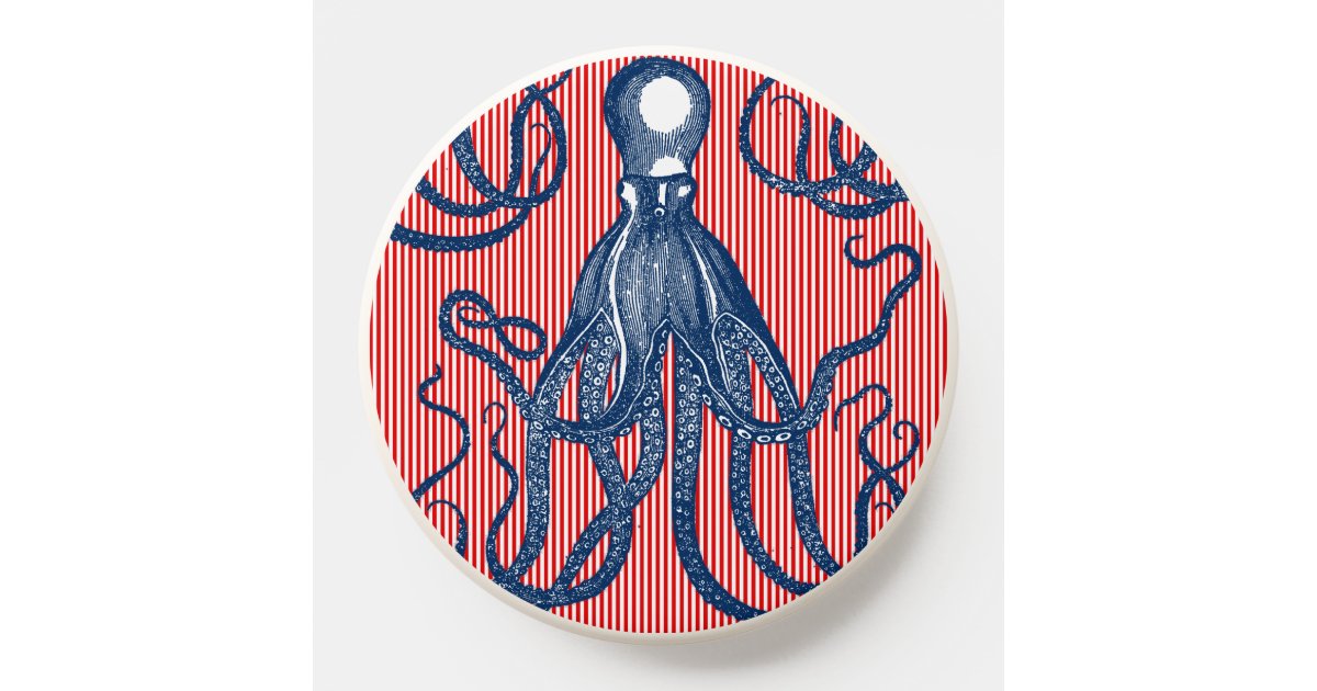 Antique Octopus on Red White Stripes PopSocket | Zazzle